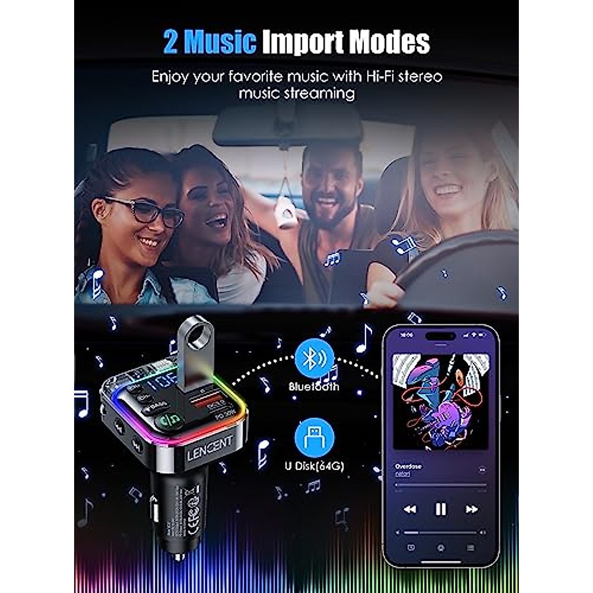 LENCENT Bluetooth 5.3 FM Transmitter,PD 30W & QC3.0 Fast Charger Bluetooth car Adapter,Hi-Fi Music/Clear Calling car FM Bluetooth Adapter