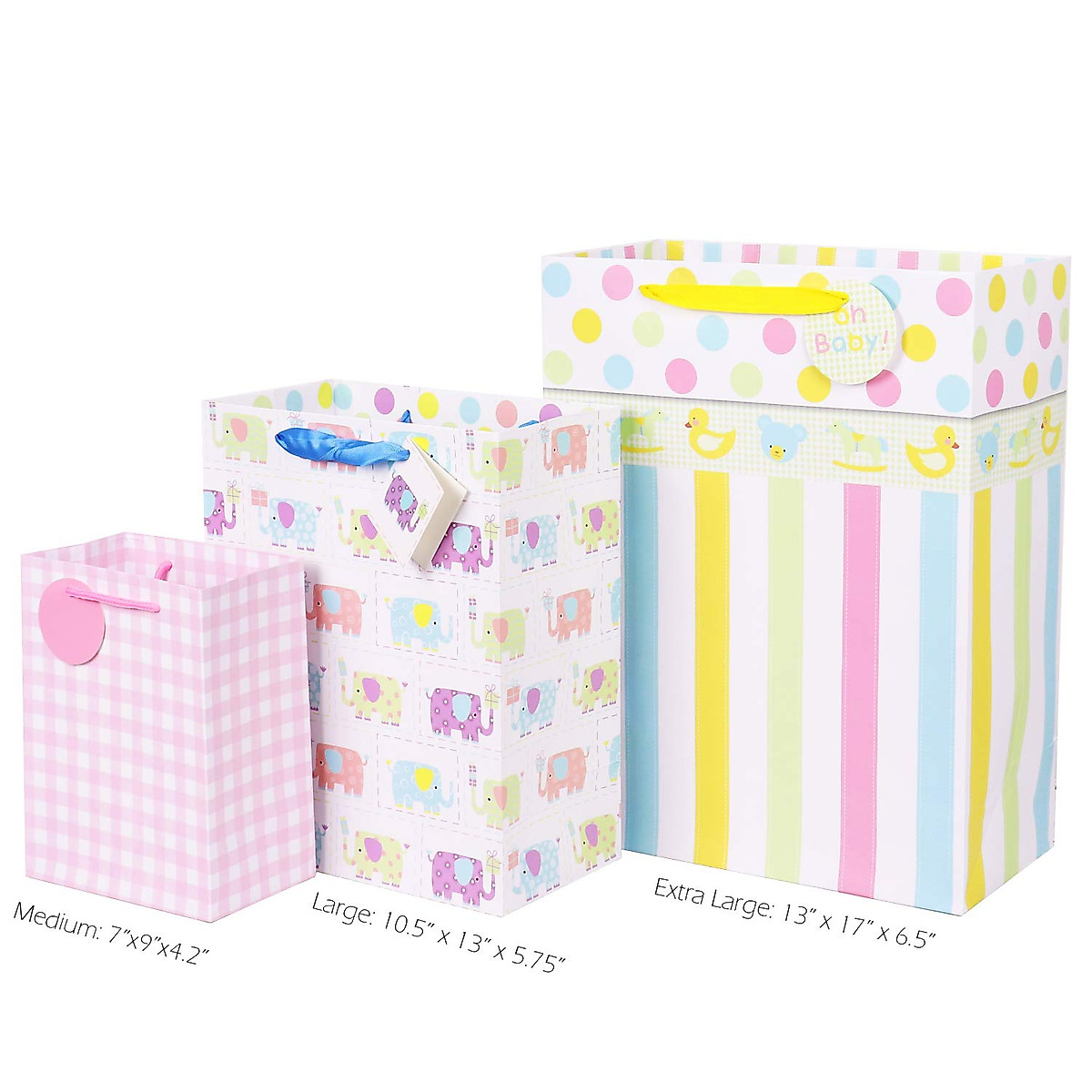12 Pcs Baby Gift Bags, Large, Medium and Small Gift Bags Assortment for Baby Shower, Birthday, Parties, Baby Girl, and Baby Boy (Assorted Sizes)