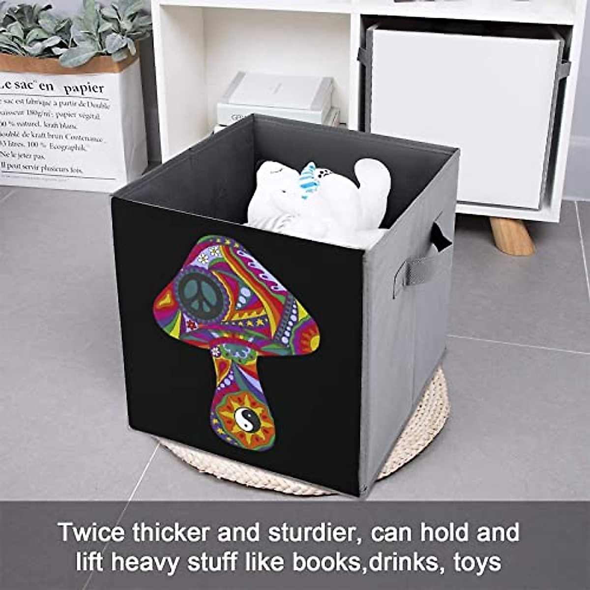 Psychedelic Mushroom PU Leather Collapsible Storage Bins Canvas Cube Organizer Basket with Handles