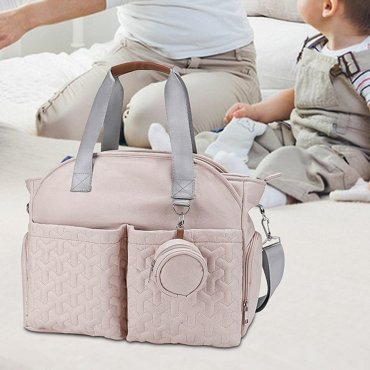 AMLESO Nappy Changing Bag Handbag mom Bag Large Storage Two Front Pockets Bag, Light Pink