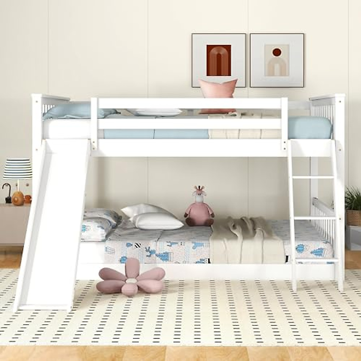 Floor Bunk Bed with Slide and Ladder, Full Over Full Bunk Beds for Kids, Kids Bunk Beds with Full-Length Guardrail and Salts, Wood Bunk Bed Full Over Full(White Full)