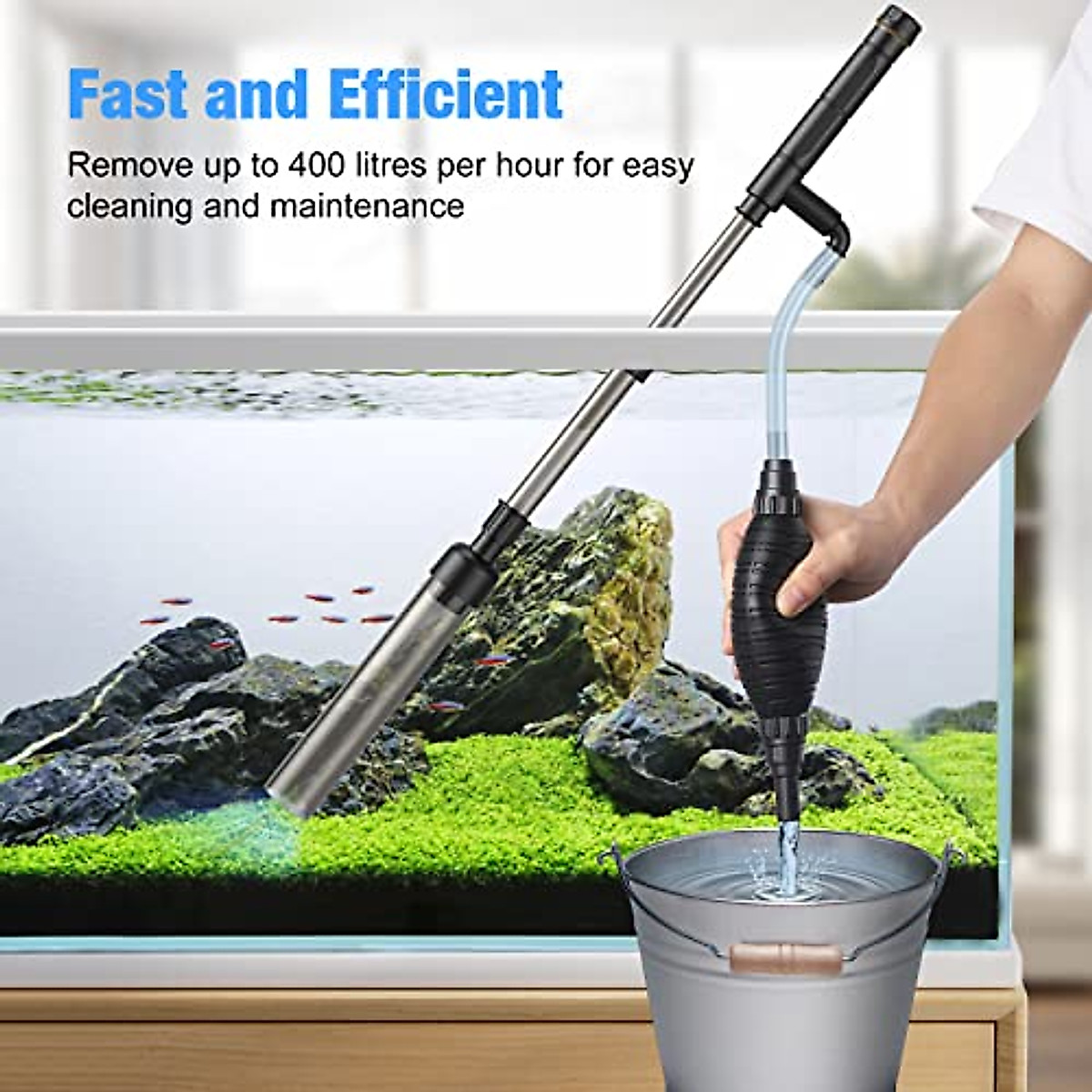 bedee Manual Aquarium Gravel Cleaner, Fish Tank Vacuum Gravel Cleaner, 3 in 1 Aquarium Siphon Vacuum Cleaner Kit for Water Change，Sand Cleaning，Remove Dirt with Adjustable Telescopic Rod