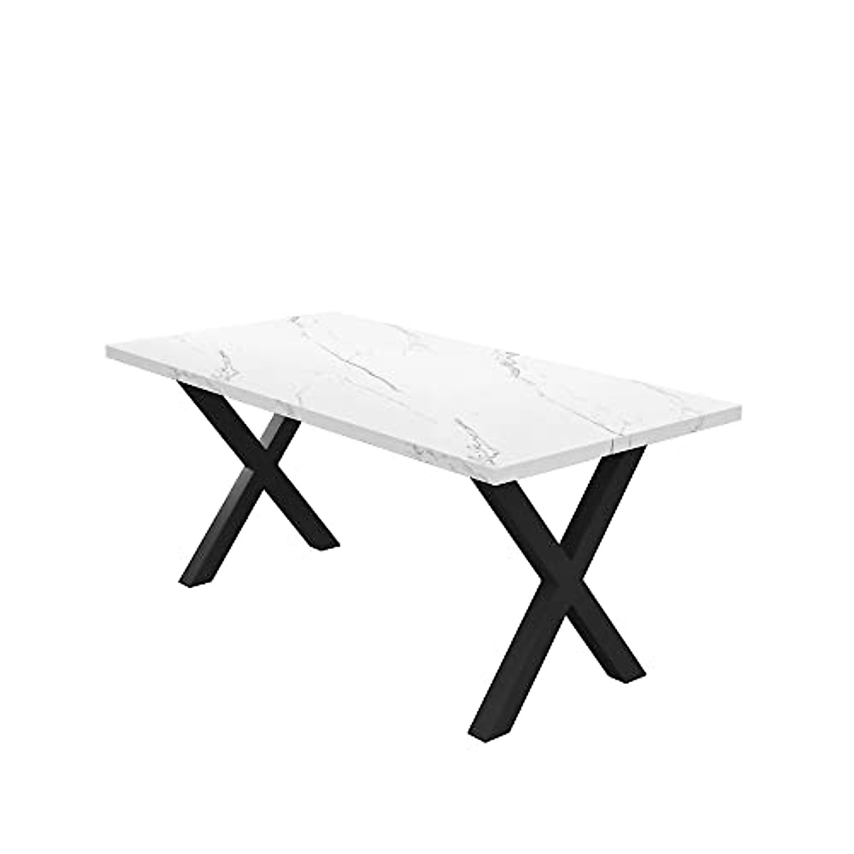 70.87" Faux Marble Dining Table, Modern Rectangular Dining Table with Printed Marble Table Top and X-Shape Stainless Steel Table Leg/Metal Base for Kitchen & Dining Room（White Top+ Black Legs）