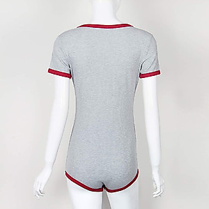 Roselux Women's Sexy Deep V Neck Shorts Long Sleeve Knitted One Piece Bodysuit Sexy Pajama Onesie Bodycon Rompers Overall (Large, Short Sleeve-Gray&Wine2)