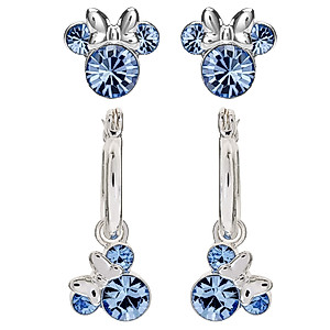 Disney Minnie Mouse December Birthstone Jewelry Set with Silver Plated Light Sapphire Crystal Stud Earrings and Hoop Earrings