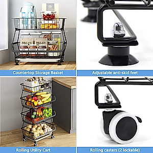 Buruis 4 Tier Stackable Storage Baskets, Metal Wire Fruit Vegetable Basket Organizer Bins with Casters, Adjustable Anti-Skid Feet, Plastic Tray, Utility Rack for Kitchen, Pantry, Bathroom (Black)