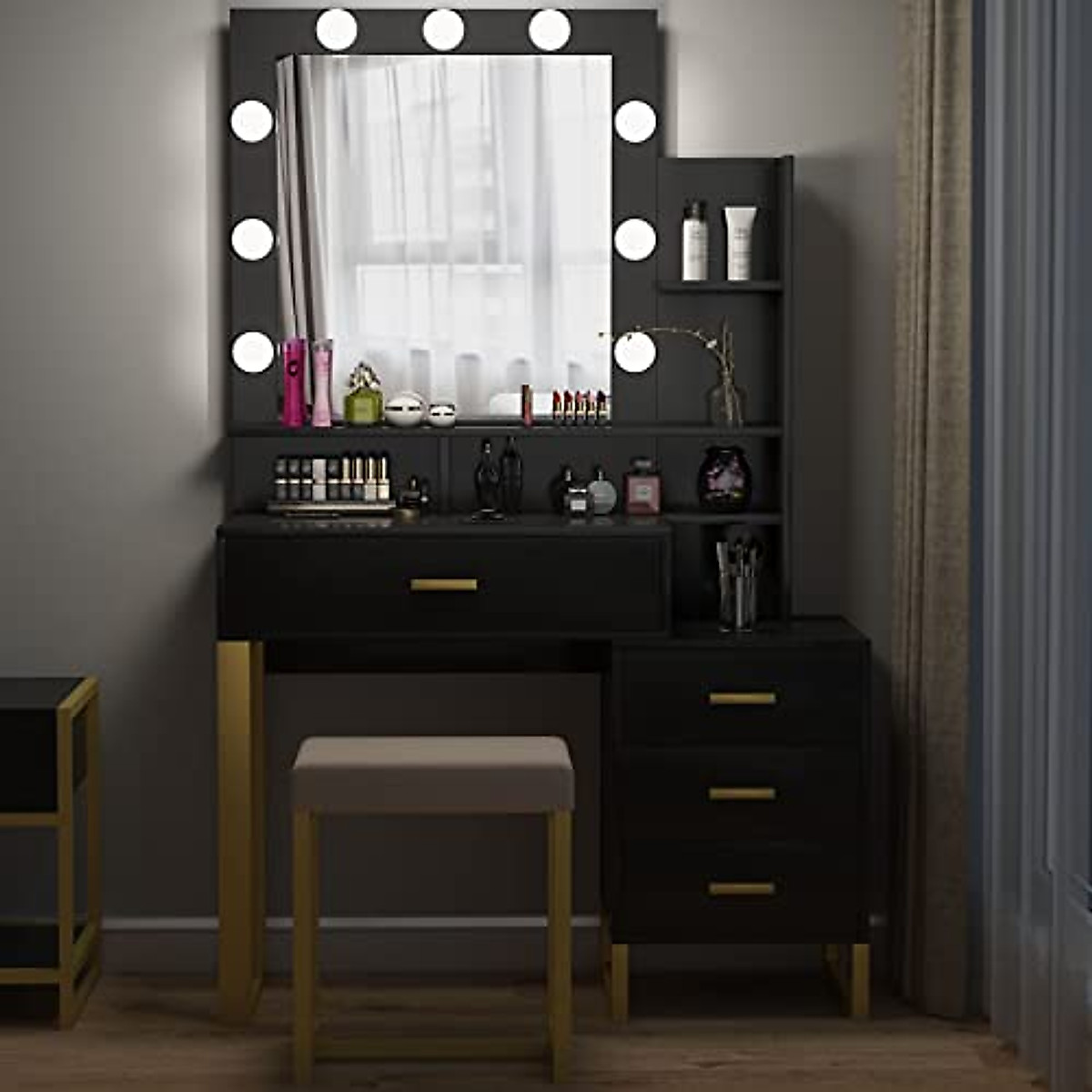 PAKASEPT Vanity Set with Lighted Mirror, Makeup Vanity Dressing Table with LED Light, Drawers, Storage Shelves and Cushioned Stool, Small Vanity Desk for Bedroom (Black, 39.4"Lx15.7"Wx63"H)