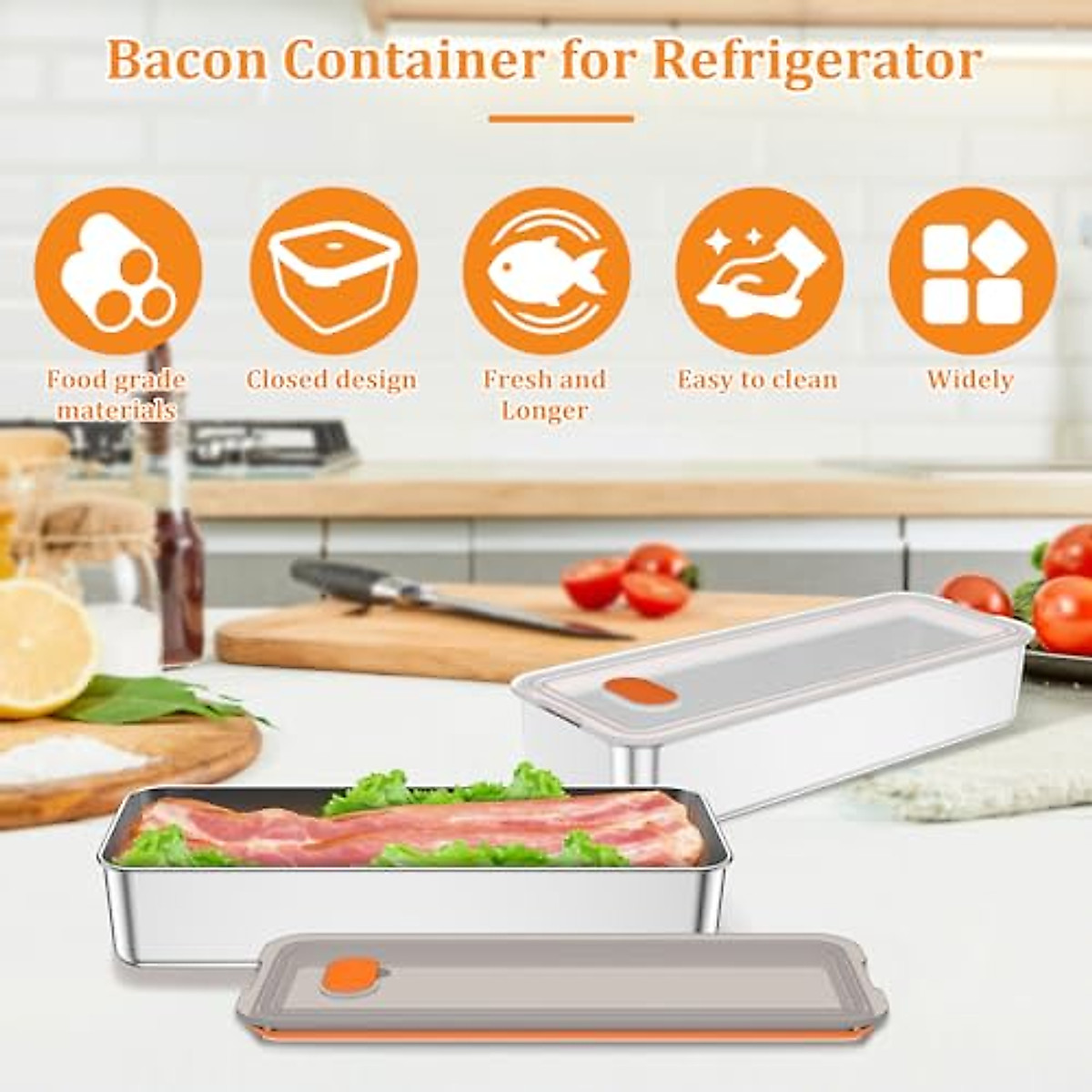 2Pcs Deli Meat Container for Fridge, Stainless Steel Bacon Storage Container for Refrigerator, Airtight Lunch Meat Storage Container with Lid, Cheese Keeper Box, Deli Holder Organizer (2 Black)