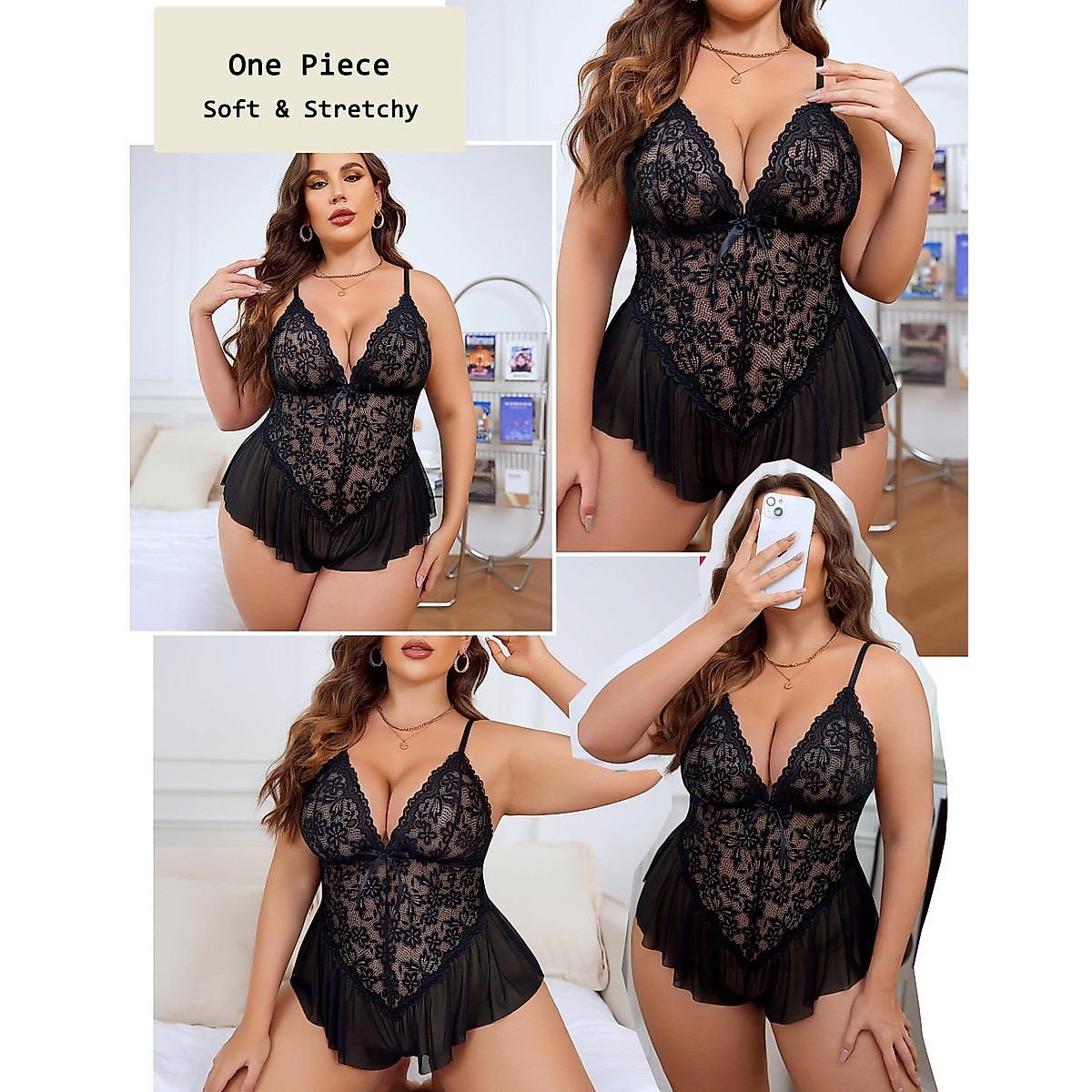 Avidlove Black Bodysuit Women Sexy Plus Size Babydoll Lingerie Strap Chemise Nightgown V Neck Sleepwear Nightwear