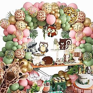 Amandir 170Pcs Jungle Safari Balloons Garland Arch Kit Animal Printed Pink Sage Green Balloons Wild One Giraffe Leopard Safari Baby Shower Decorations for Girl Birthday Party Supplies