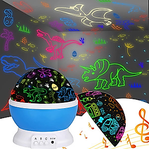 HONGID Dinosaur Night Light for Kids,Night Light Projector Built-in 12 Light Songs 360 Degree Rotating 16 Colorful Lights for Children Kids Birthday, Parties.Baby Stuff