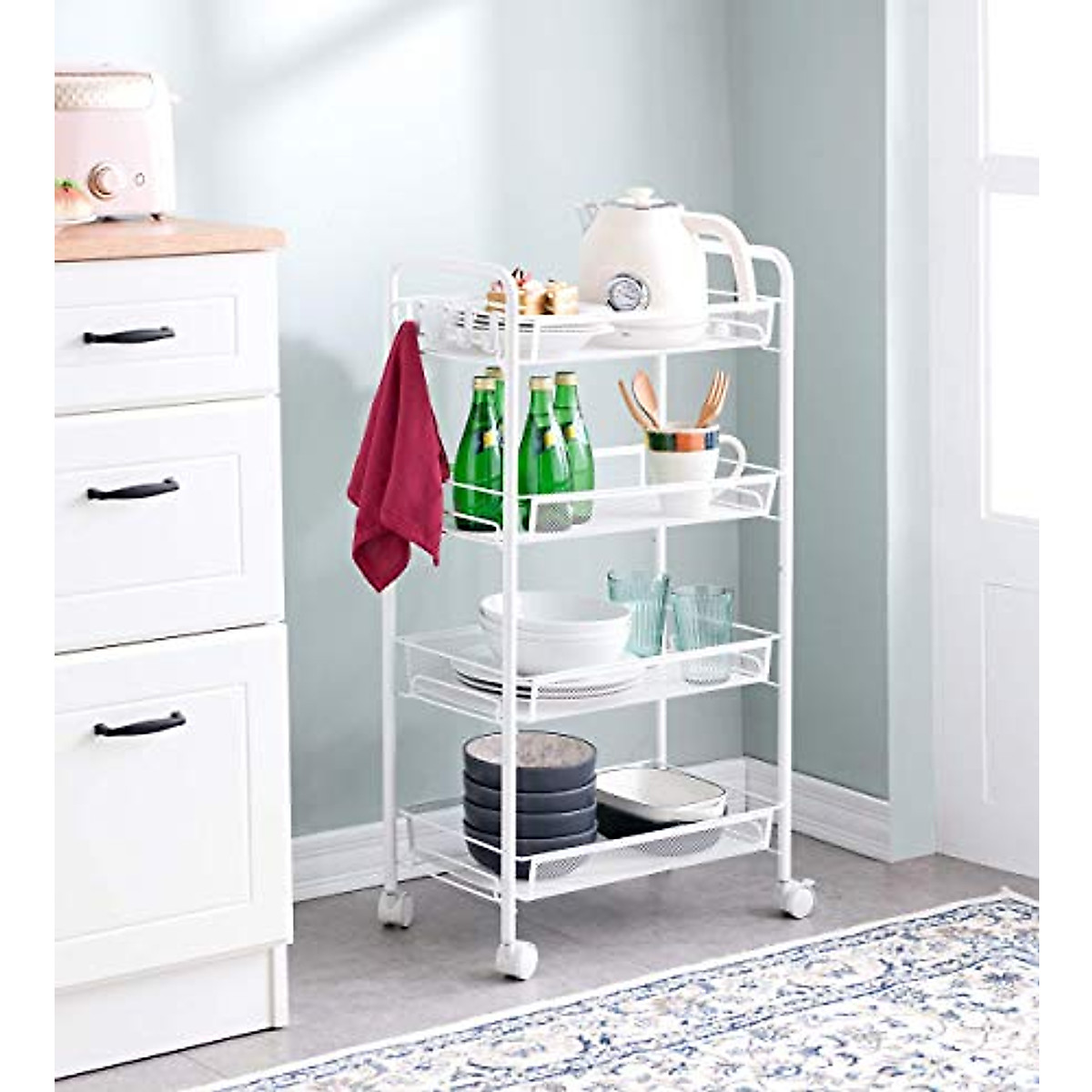 JANE EYRE Rolling Utility Storage Rack Cart on Wheels, Trolley Carft cart, Multi-Purpose Organizer Shelf (White, 4 Tier)…