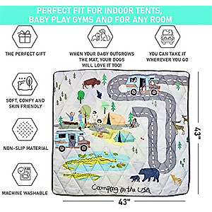 Baby Play Mat, Washable Play Mat for Baby 43"x43", Foldable Kids Tents Mat, Baby Play Gym Mat, Play Tent Mat for Toddler, Baby Tummy Time Mat, Non-Slip (Camping in The USA)