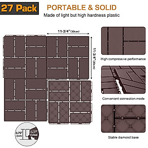 Goovilla Plastic Interlocking Deck Tiles, 27 Pack Outdoor Patio Flooring, 12"x12" Interlocking Decking Tile Outdoor All Weather Use, Waterproof Patio Pavers for Pool Balcony Backyard Porch, Dark Brown