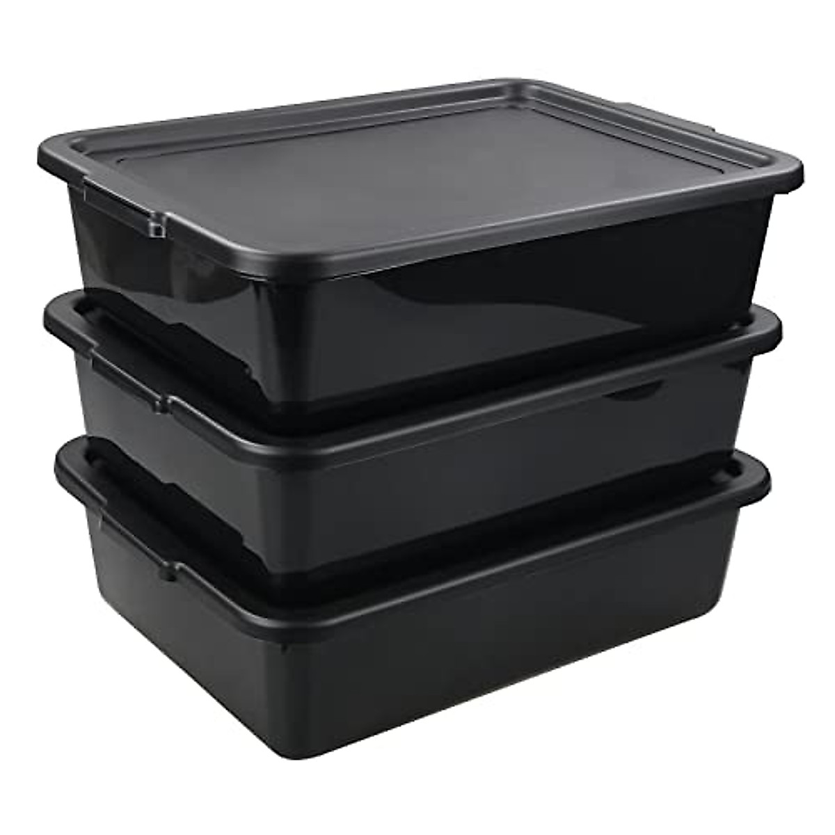 Kekow Plastic Bus Box with Lid, Commercial Bus Tubs with Handle, 3-Pack, Black