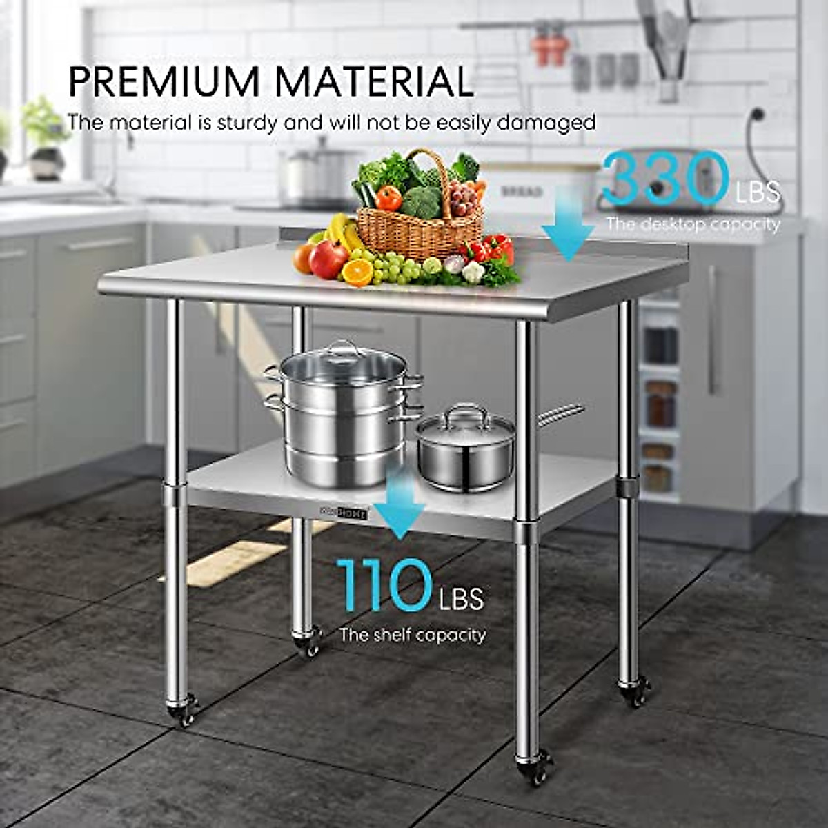 VIVOHOME 24 x 30 Inch Stainless Steel Work Table with Backsplash, Food Prep Commercial Table with Wheels for Restaurant, Hotel, Home and Warehouse