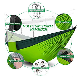 Rusee Camping Hammock with Net Outdoor Hammock Travel Bed Lightweight Parachute Fabric Double Hammock for Tree, Camping, Hiking, Backpacking, Backyard (Green + Dark Green)