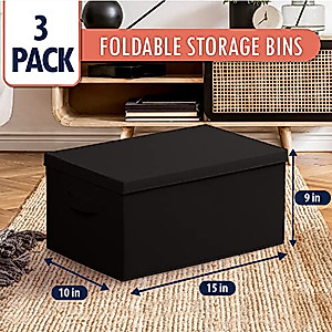Ornavo Home Foldable Collapsible Large Storage Box Bins Fabric Shelf Basket Organizer with Handles and Lid - Set of 3 - 15 x 10 x 9 - Black