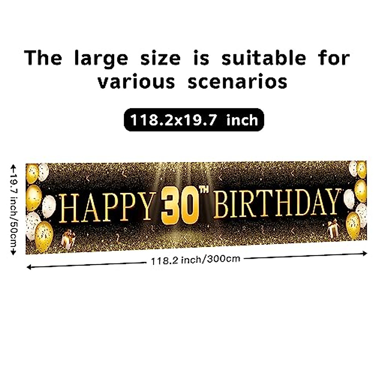 TZSS 30th Birthday Decorations for Men Women, Black and Gold Happy 30th Birthday Banner Yard Signs, 30th Birthday Indoor Outdoor Party Decorations（118" X 20"）