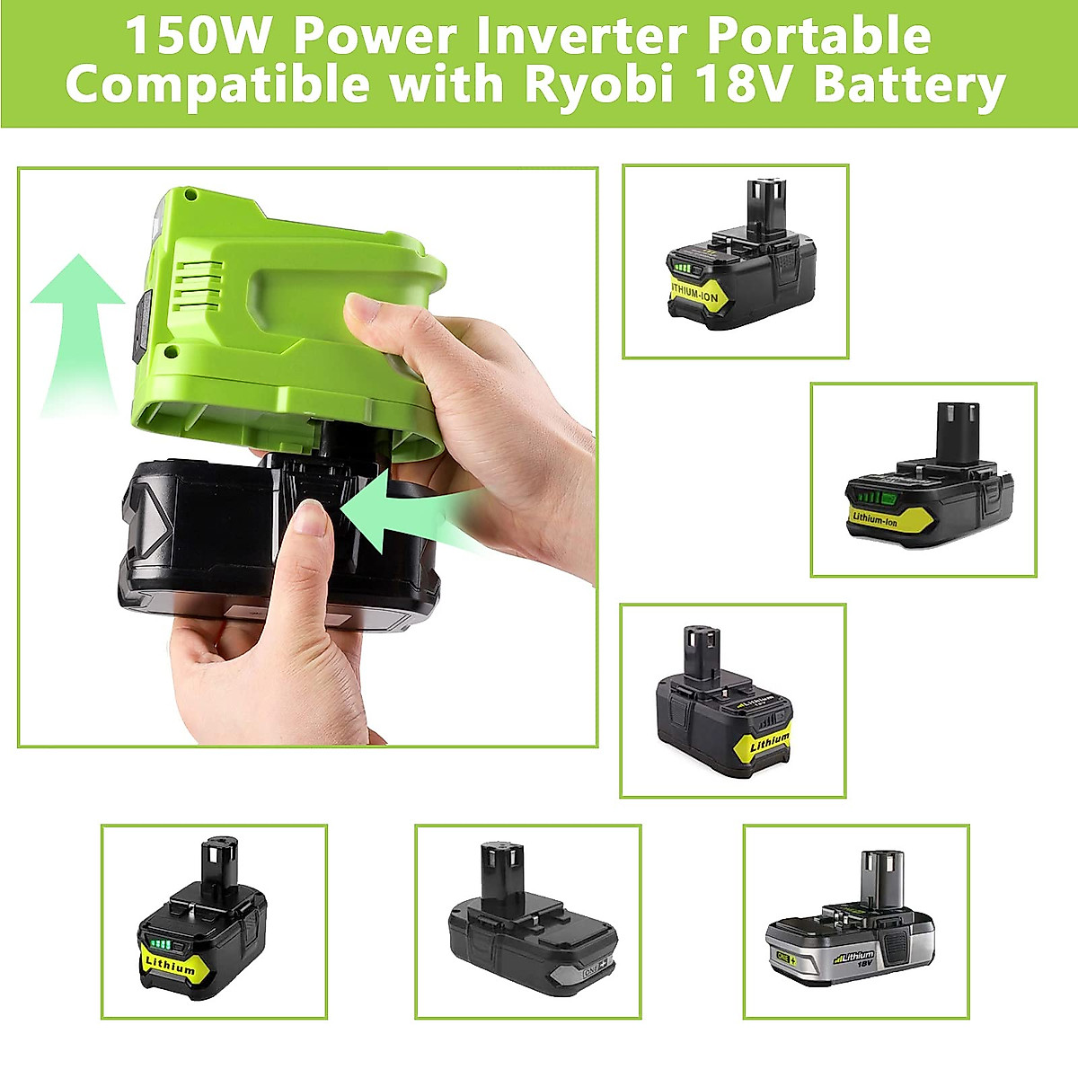 UNIKI 150W Powered Inverter Generator for Ryobi 18V Lithium Battery,for ryobi Battery Inverter Power Station with 2-USB&AC 110V-120v,200LM LED Light, USB Cable