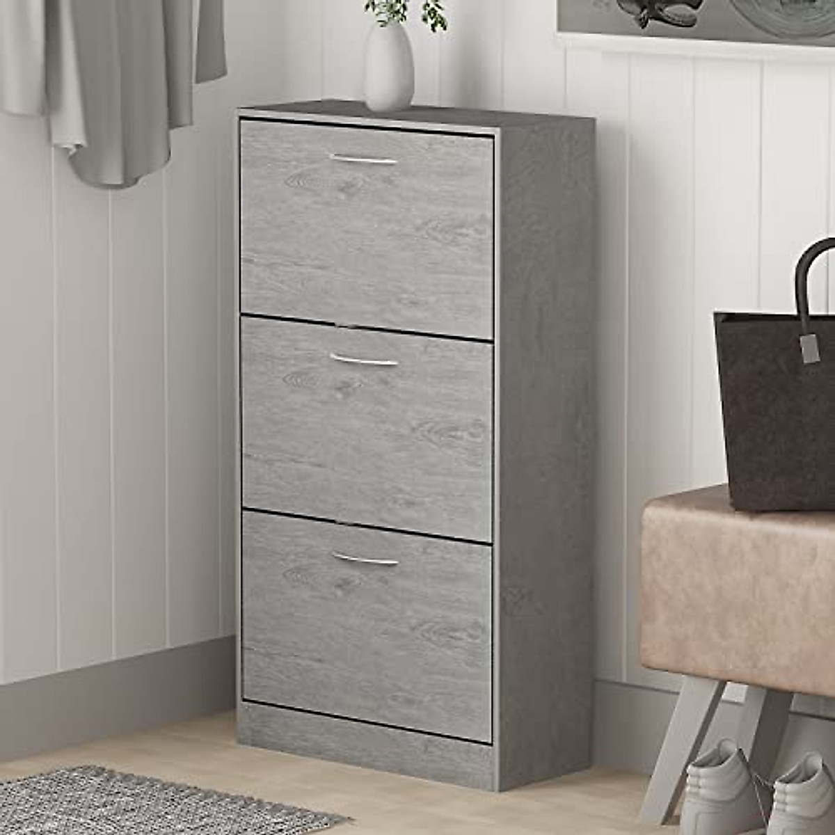 Homsee Modern Shoe Storage Cabinet with 3 Flip Drawers, Wood 3-Tier Shoe Rack Storage Organizer for Entryway, Hallway & Bedroom, Grey (22.4”L x 9.4”W x 42.1”H)