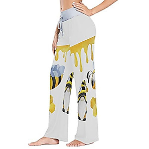 Yellow Flying Bee Dressed Up Gnome Honeycomb on White Pajama Lounge Pants Drawstring Stretch Pants Wide Leg(L)