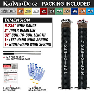 KaiMinDogz Pair of 2" Garage Door Torsion Springs Set with Non-Slip Winding Bar & Gloves,High Precision Electrophoresis Black Coated, for Replacement & Installation, MIN 16,000 Cycles (0.234x2''x32'')