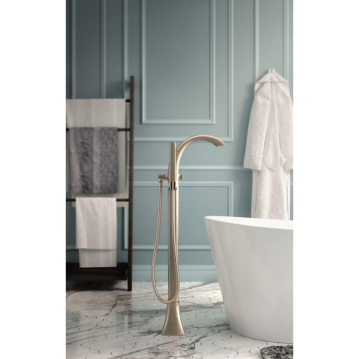 Moen Voss Brushed Nickel One-Handle Freestanding Floor Mount Tub Filler, Freestanding Bathtub Faucet with Handshower, 695BN