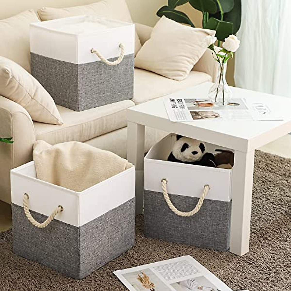 Yawinhe Collapsible Storage Basket 4-Pack, Open Storage Cube Bins with Thick Rope Handles, for Organizing, Shelves, Toys, Clothes, Office, 12.6x12.6x12.6in, White/Grey, SNK033WG-4