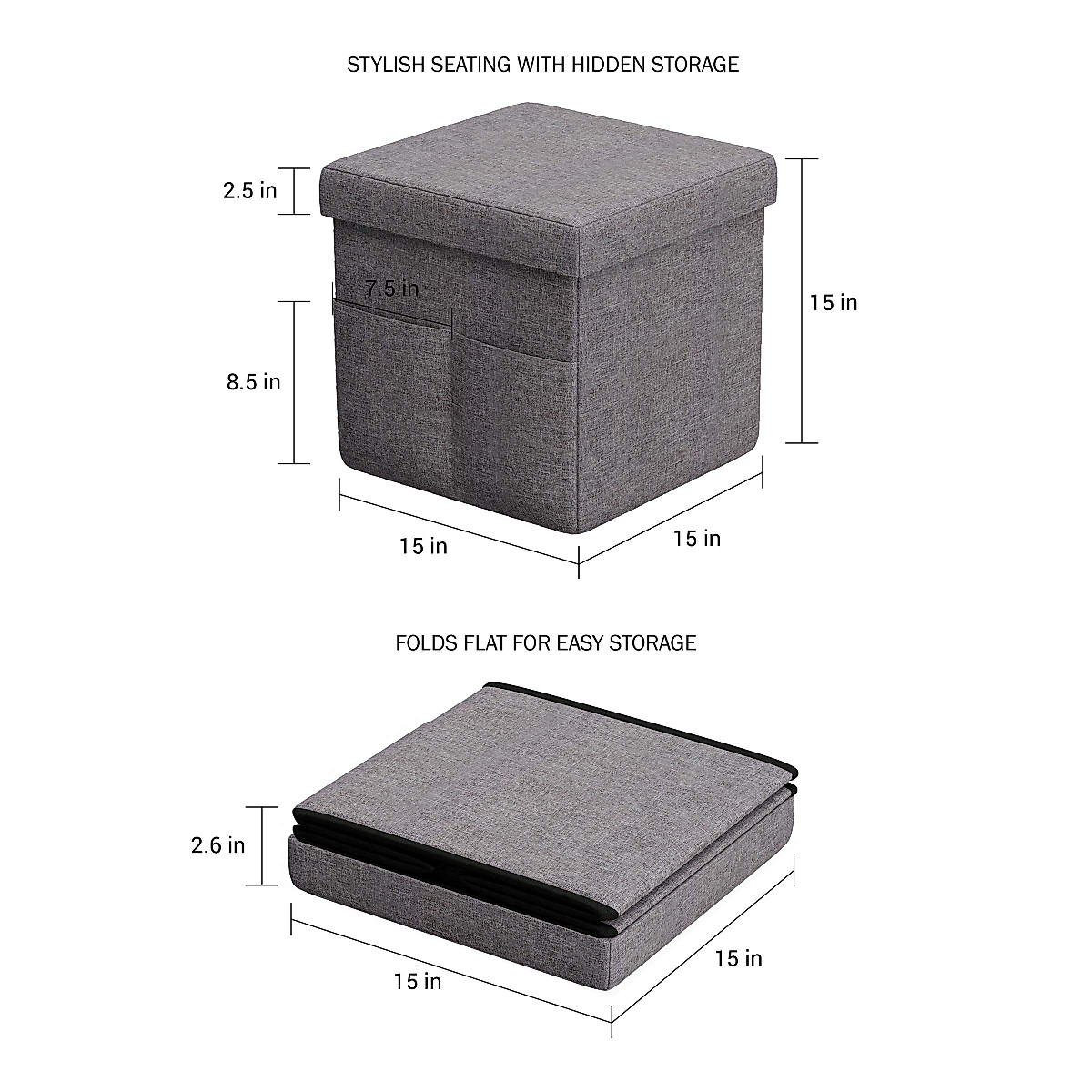 Lavish Home Set of 2 Cube Ottoman with Pockets 15-Inch Folding Foot Rests or Storage Organizers for Bedroom, Living Room, or Dorm, Charcoal Gray