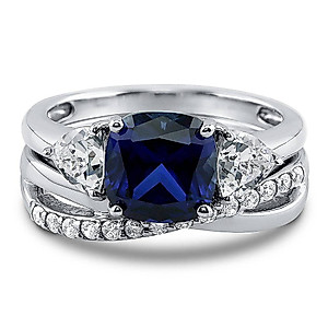 BERRICLE Sterling Silver 3-Stone Wedding Engagement Rings Simulated Blue Sapphire Cushion Cut Cubic Zirconia CZ Criss Cross Ring Set for Women, Rhodium Plated Size 7