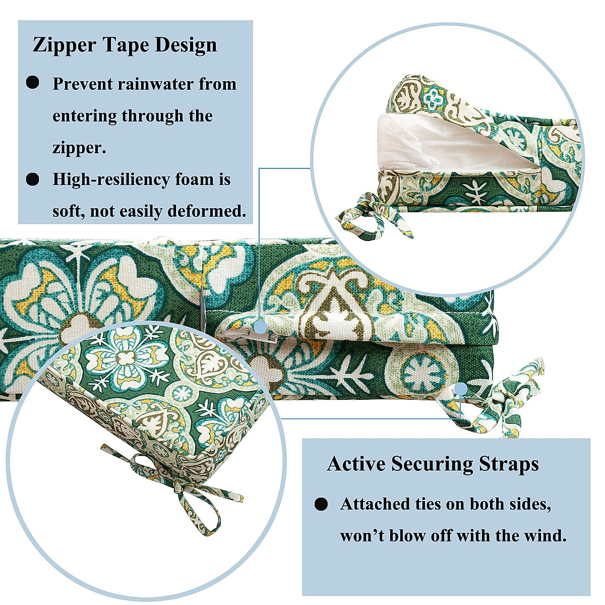 FUNHOME Outdoor Bench Cushion Water-Repellent, 48 x 18 Inch Bench Cushions for Outdoor Furniture, Settee Cushions with Handle and Straps, Patio Couch Cushion 1 Pack, Green Medal