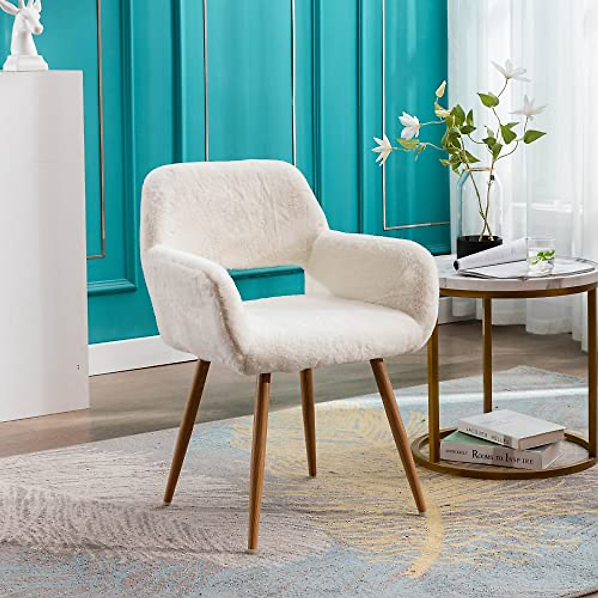 KCC Furry Desk Chair, Mid-Century Modern Accent Faux Fur Chair for Teen Girls, Comfy Armchair with Wood Look Metal Legs for Living Dining Room, Home Vanity Makeup Office Desk Chair No Wheel, White