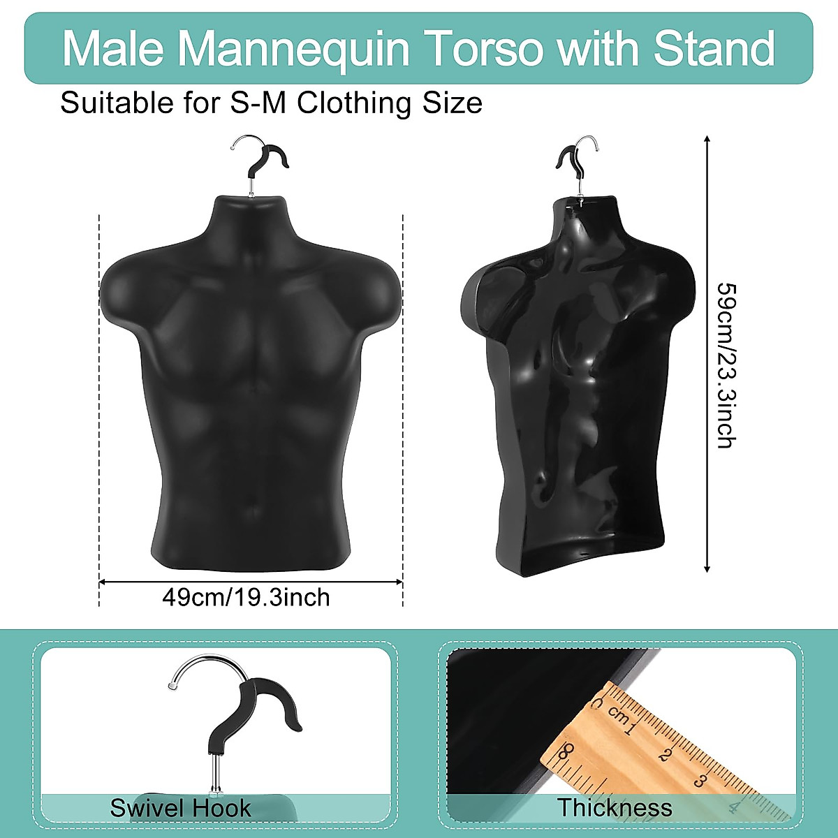 Lallisa 6 Packs Male Mannequin Torso Dress Form Tshirt Display Half Maniquin Body Rounded Waist Hollow Back Body with Hanging Hook for Clothes Display Shows Photos or Design Sewing (23.23 x 19.29'')