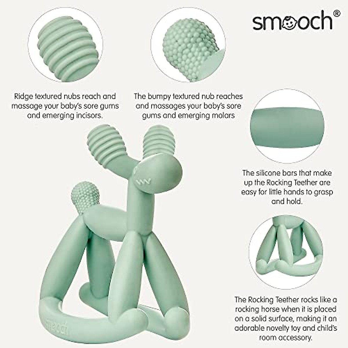 Smooch Rocking Teething Toys for Babies 0-6 Months, 12, 18 - Easy to Hold Silicone Baby Teether, Soft Infant Teething Toys Provides Baby Teething Relief & Soothes Sore Gums (Mint)