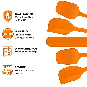 OVENTE Set of 5 Silicone Spatula , Food Grade Rubber Spatulas Heat Resistant w/ Stainless Steel Core & Seamless Design, Non Stick Rubber Spatula for Mixing, Baking & Cooking Orange SP12305O