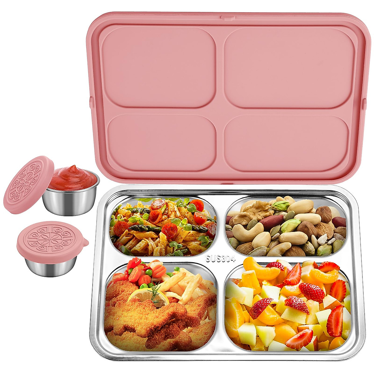 LEGELITE Stainless Steel Bento Box Container with 2 Sauce Cups, 4 Compartments Premium Bento Box, Metal Lunch Box Set for Kids or Adults (Pink)