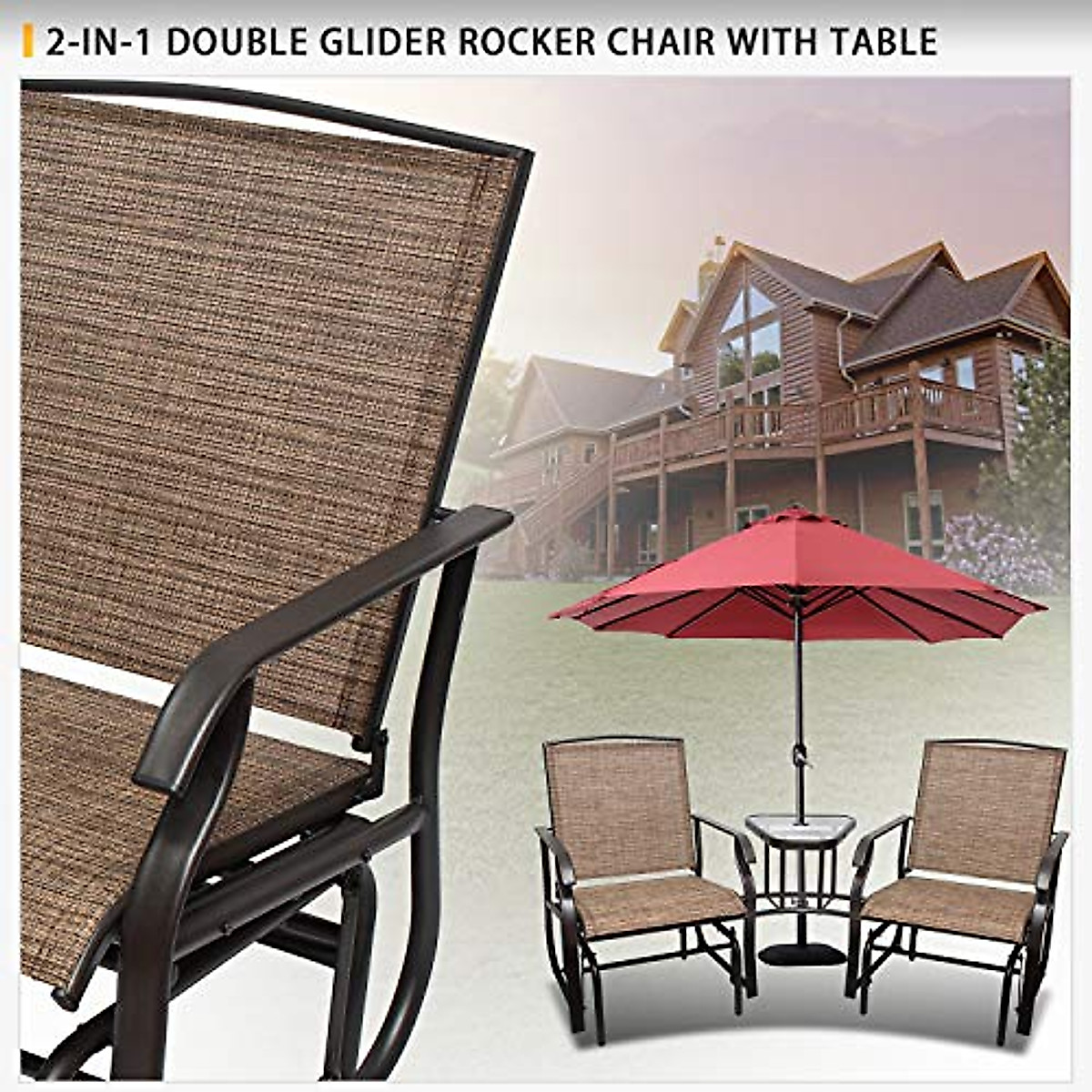 3 in 1 Outdoor Glider Chairs with Table, 1.65" Umbrella Hole Mesh Fabric Patio Loveseat Double Glider Rocker Chair and Center Tempered Glass Table for Garden, Poolside, Balcony