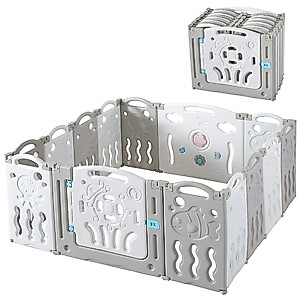 Albott Baby Playpen 14 Panels Foldable Kids Safety Play Yard - Game Panel and Gate with Safety Lock Adjustable Shape for Children Toddlers Indoors or Outdoors(Grey+White, 14 Panel)