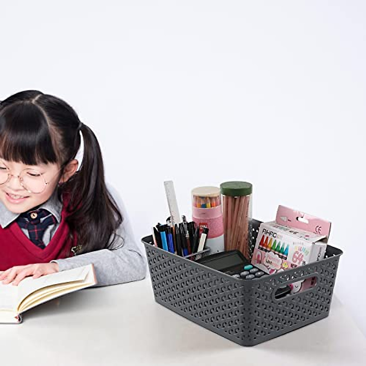 Saedy Plastic Storage Baskets, Deep Grey Basket Bin, 4-Pack