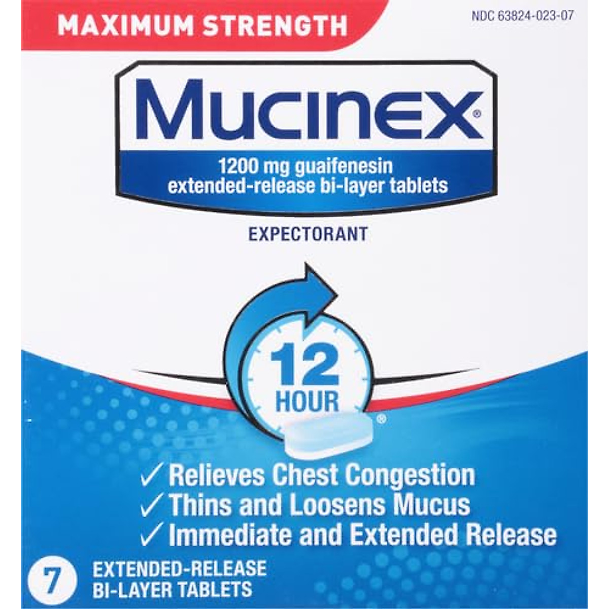 Mucinex 12 Hour Maximum Strength 1200 mg Guaifenesin Extended-Release Tablets for Excess Mucus Relief, Expectorant Aids Excess Mucus Removal, Chest Congestion Relief, 7 Tablets