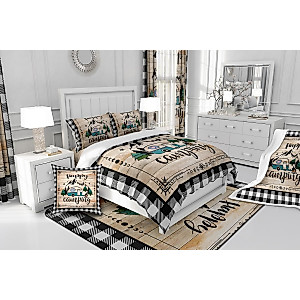 Camp Travel Car Duvet Cover Balck and White Buffalo Plaid Queen Bedding Sets for Girls, Camping Decor for Camper Comforter Cover, Vintage Brown Barn Door Plank Cottage Cabin Farmhouse Decor