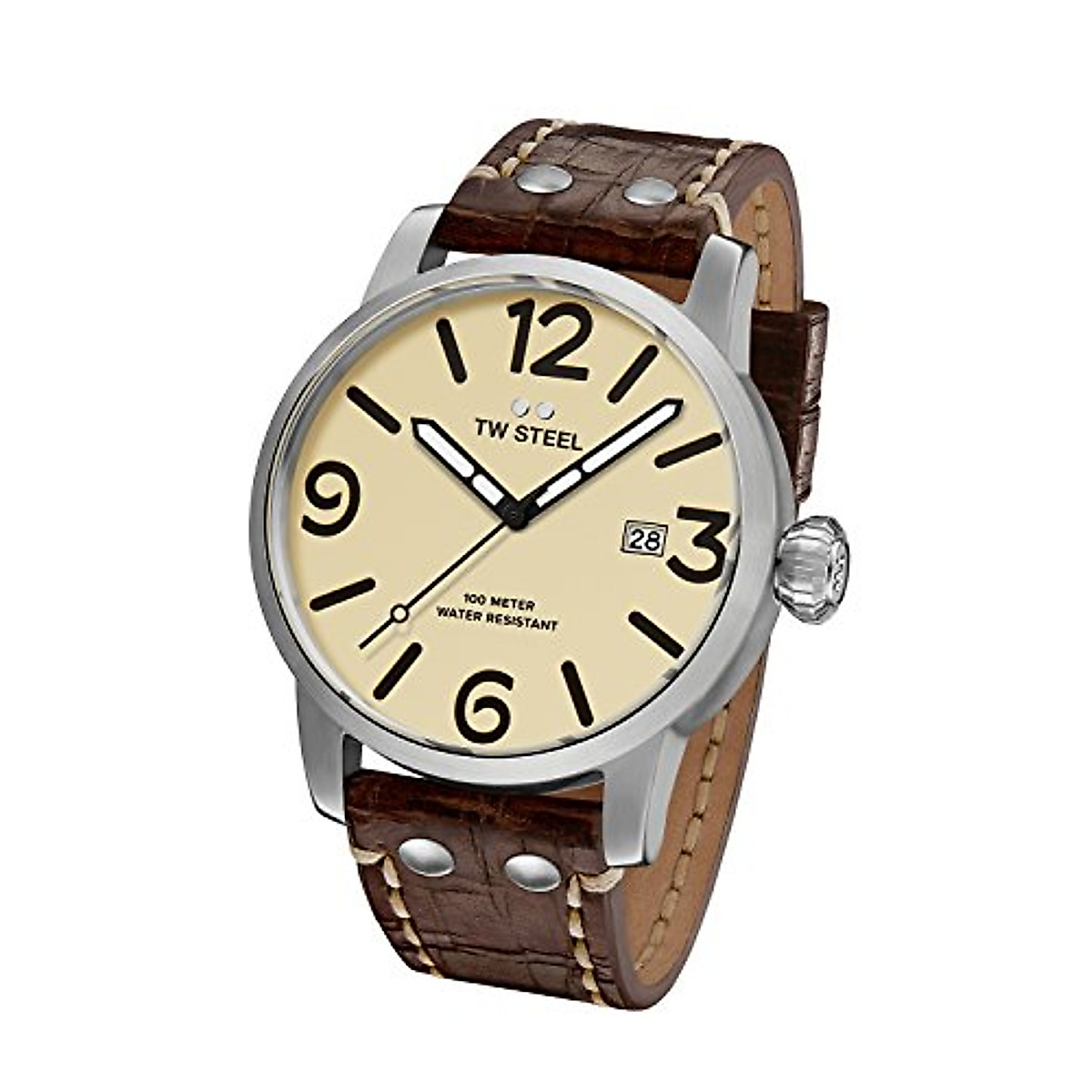 TW Steel Men's Maverick Stainless Steel Quartz Watch with Leather Calfskin Strap, Brown, 22 (Model: MS2)