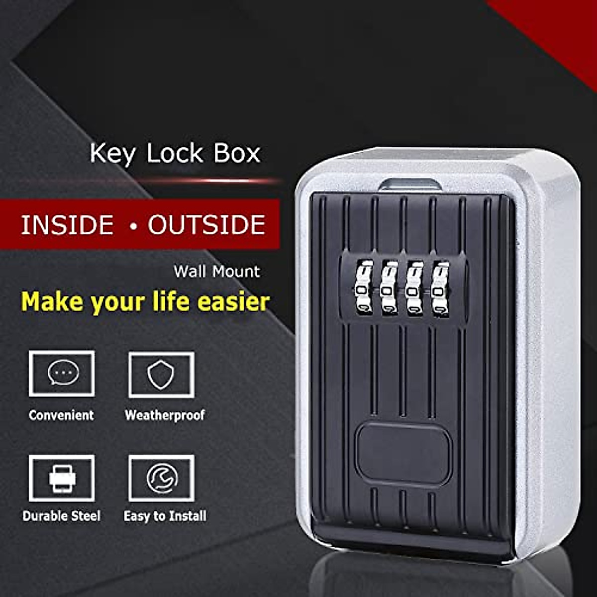 Key Lock Box with 4-Digit Combination, Lock Box Outside for House Key, Wall Mounted Weatherproof Resettable Code Key Lock Box for Outside, Ideal for Homes Hotels Schools