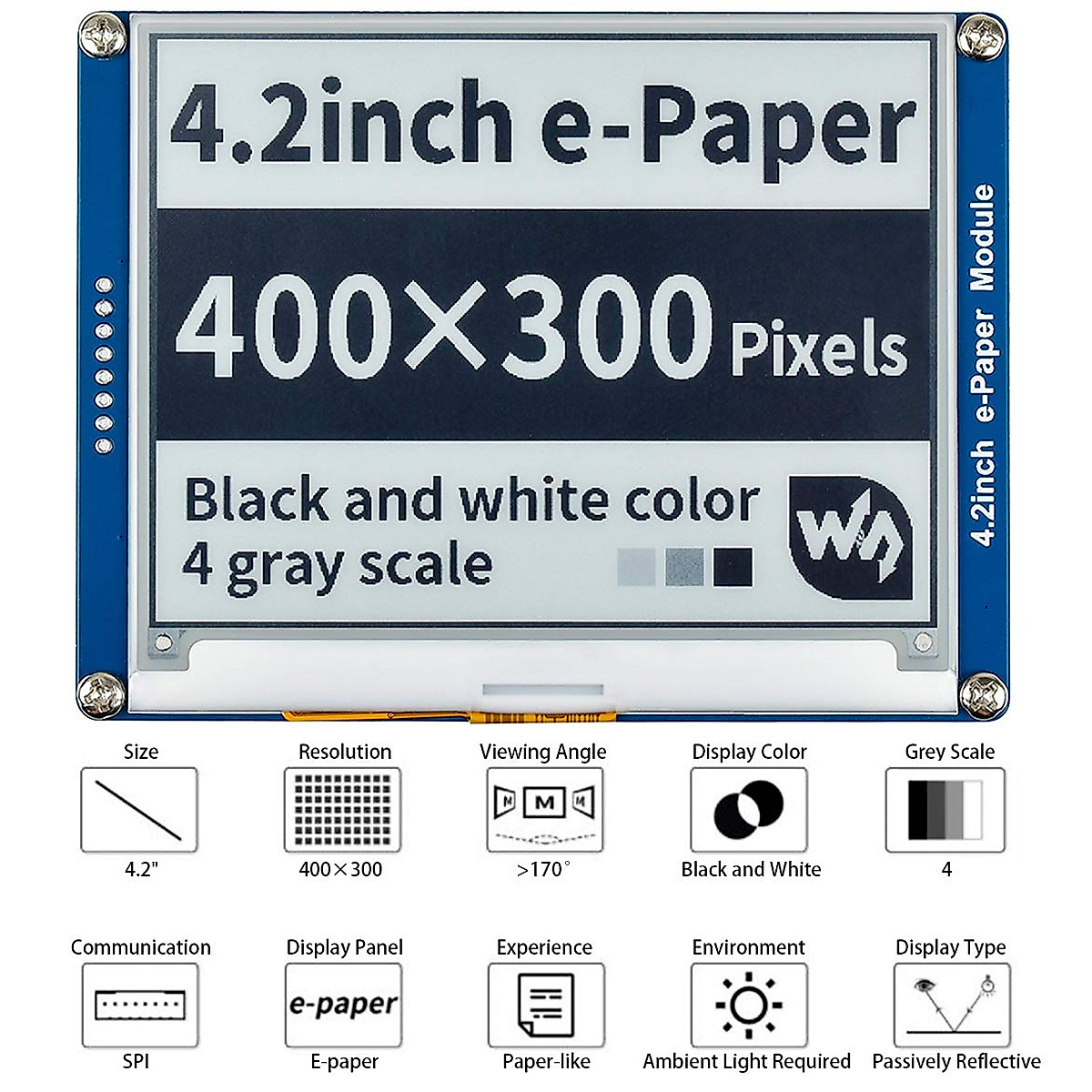 4.2inch E-Ink Display Module 400x300 Pixel Black,White Two-Color 3.3V-5V E-Paper Screen LCD Support Full Refresh SPI Interface for Raspberry/Jetson Nano/Ard/Nucleo