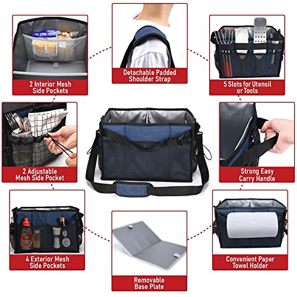 FANGSUN Large Grill and Picnic Caddy with Paper Towel Holder, BBQ Organizer for Utensil, Plate, Condiment, Collapsible & Easy Carry Griddle Caddy, Must Haves for Outdoor, Camper, Travel, Car, RV