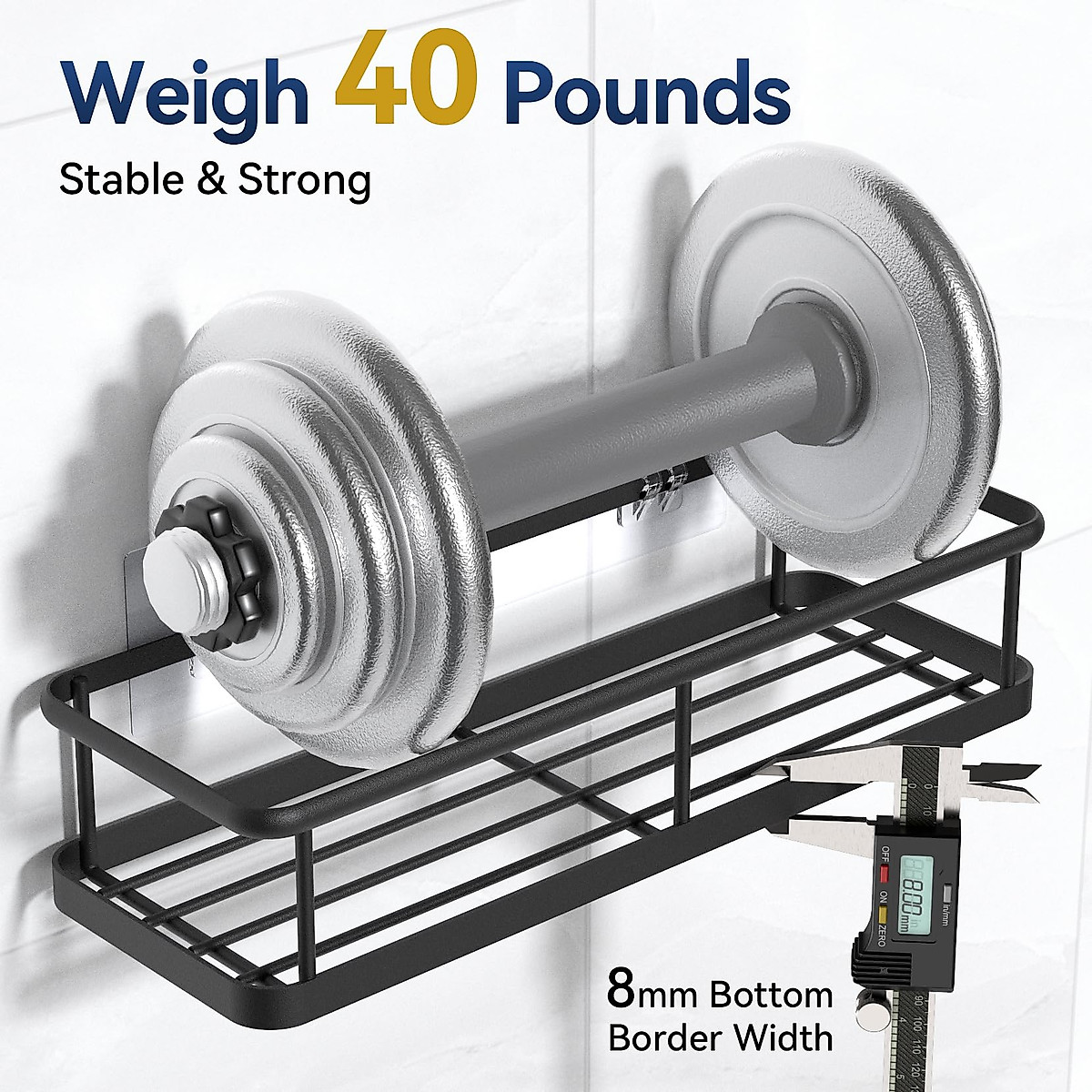 YASONIC Shower Caddy Adhesive, No Drill Bathroom Shower Organizers, with Removable Hooks, Rust Proof Shower Shelves, Wall-Mounted Shower Holder, Black, 2 Pack