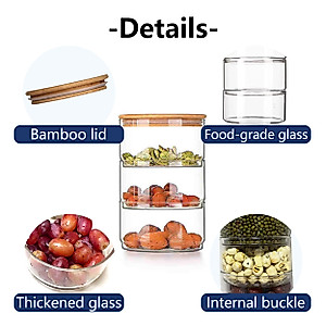 Holloance Airtight Glass Canister(3x15oz) with Bamboo Lid. Clear Food Storage Jar circular. Stackable Kitchen Storage Container for Coffee Beans, Nuts, Candy, Pasta, Sugar, Cookie, Flour, Fruit.