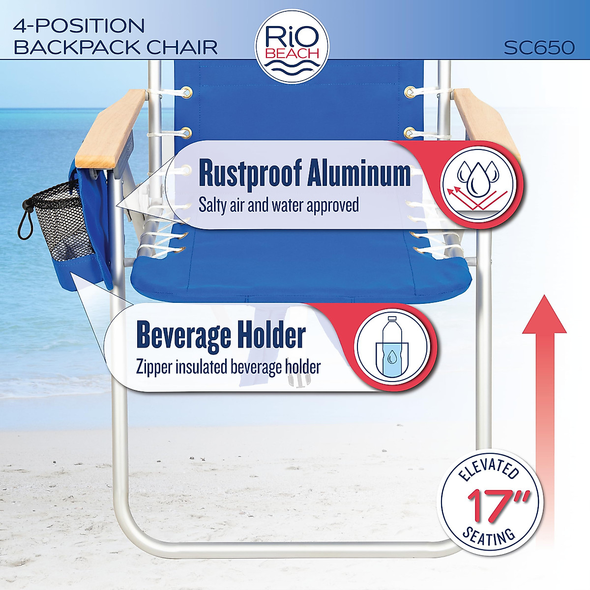 RIO Gear 4-Position Hi-Boy Backpack Beach Chair -Aluminum, Stripe