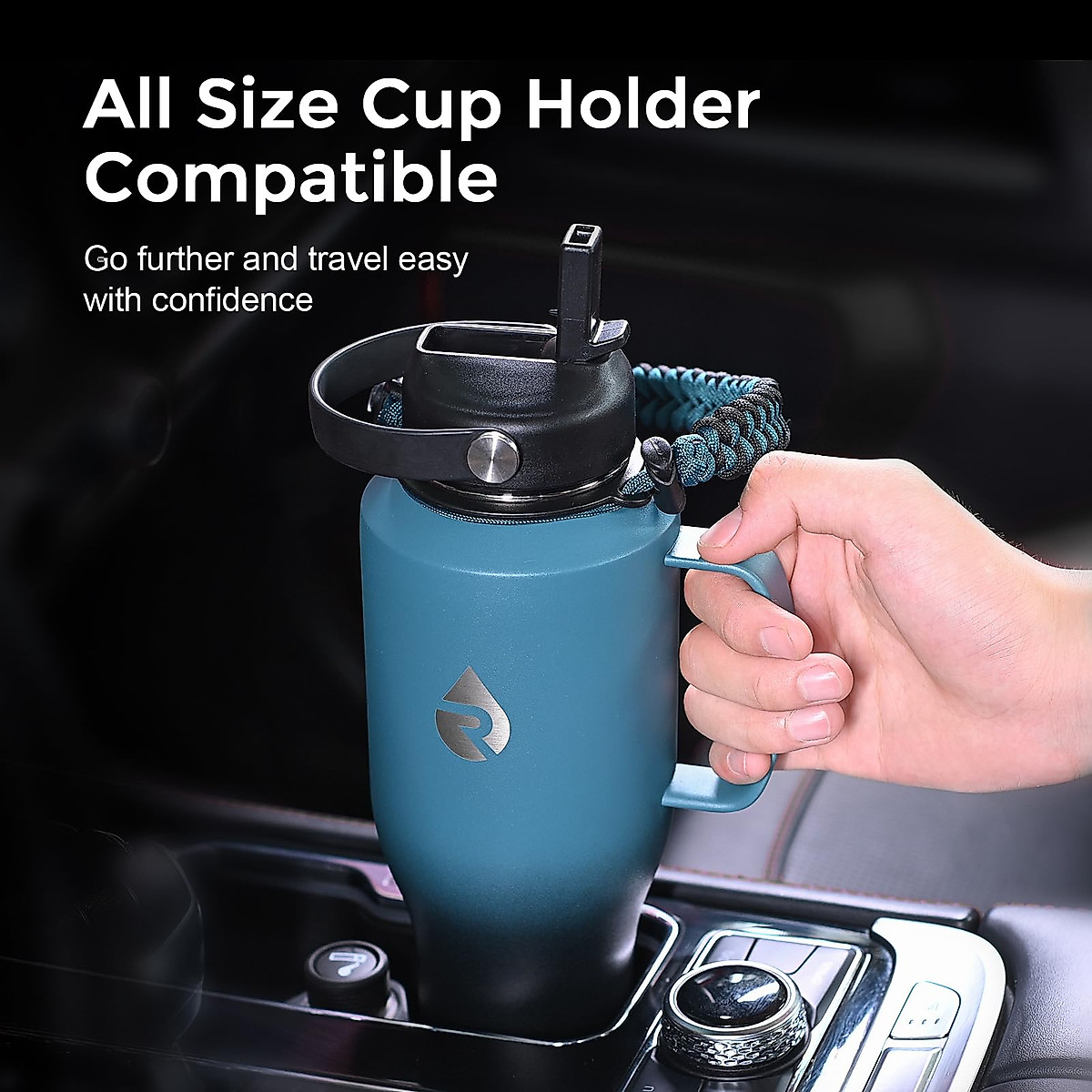 RAYMYLO Insulated Water Bottle 40oz (Cold for 48 Hrs), Stainless Steel Water Bottle with Handle & Straw Lid & Paracord Handle, Triple Wall Vacuum Leakproof Travel Flask, Fit in Any Car Cup Holder